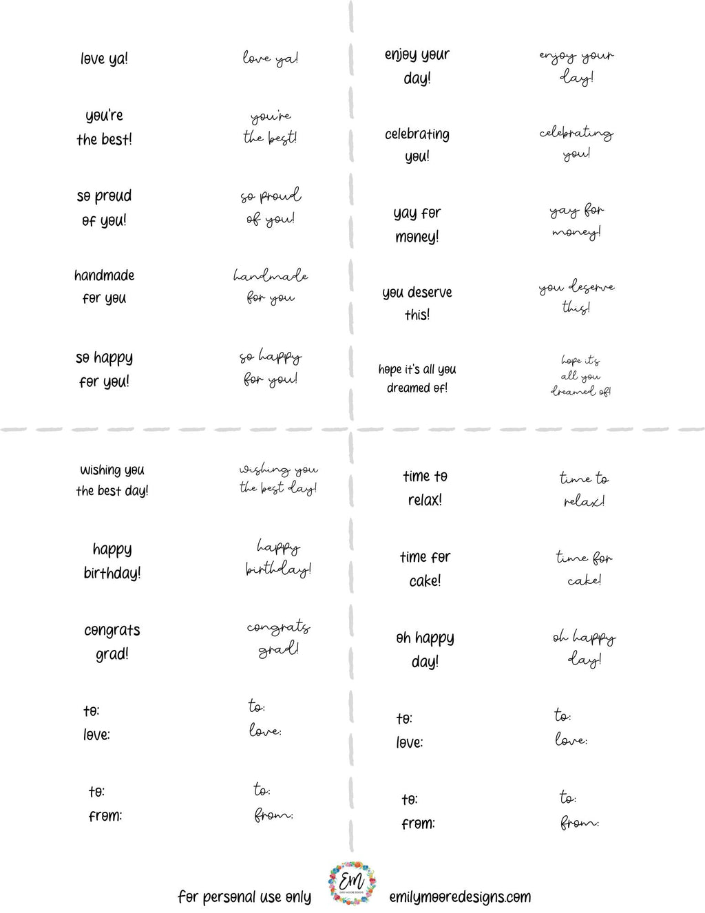 Mini Gift Tag Sayings (FREE DOWNLOAD) – Emily Moore Designs